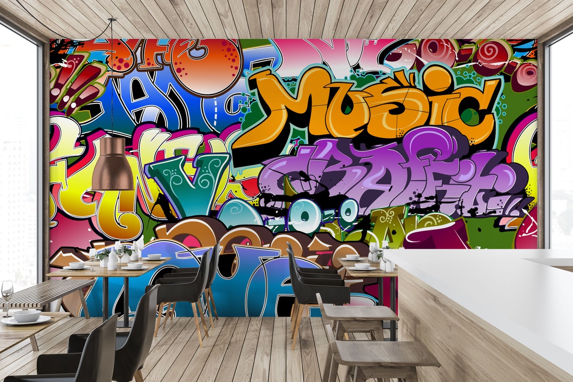 Music Life Art Graffiti Wallpaper Kid Wallpaper Peel and - Etsy