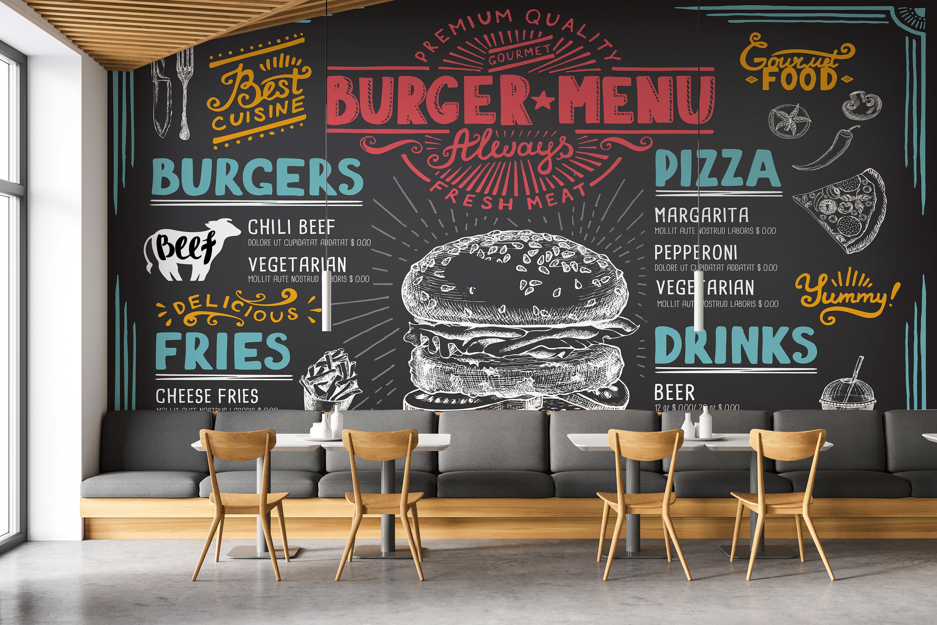 Vivid Burger Menu Wallpaper Peel and Stick Cafe Wallpaper - Etsy