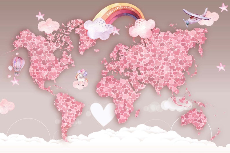 Girl Room Custom Pink Girl World Map Nursery Wallpaper Kids - Etsy