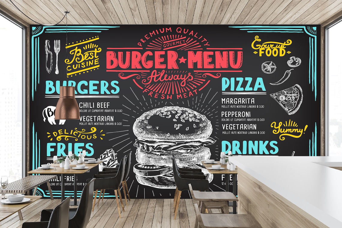 Vivid Burger Menu Wallpaper Peel and Stick Cafe Wallpaper - Etsy