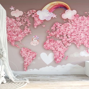 Girl Room Custom Pink Girl World Map Nursery Wallpaper Kids | Etsy