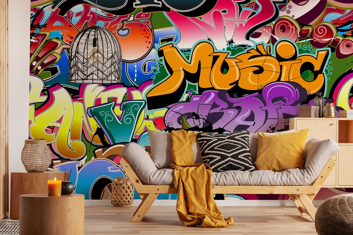 Music Life Art Graffiti Wallpaper Kid Wallpaper Peel and - Etsy