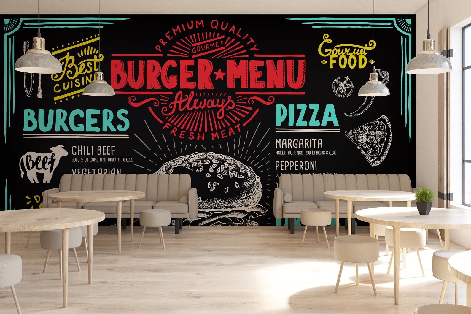 Vivid Burger Menu Wallpaper Peel and Stick Cafe Wallpaper - Etsy