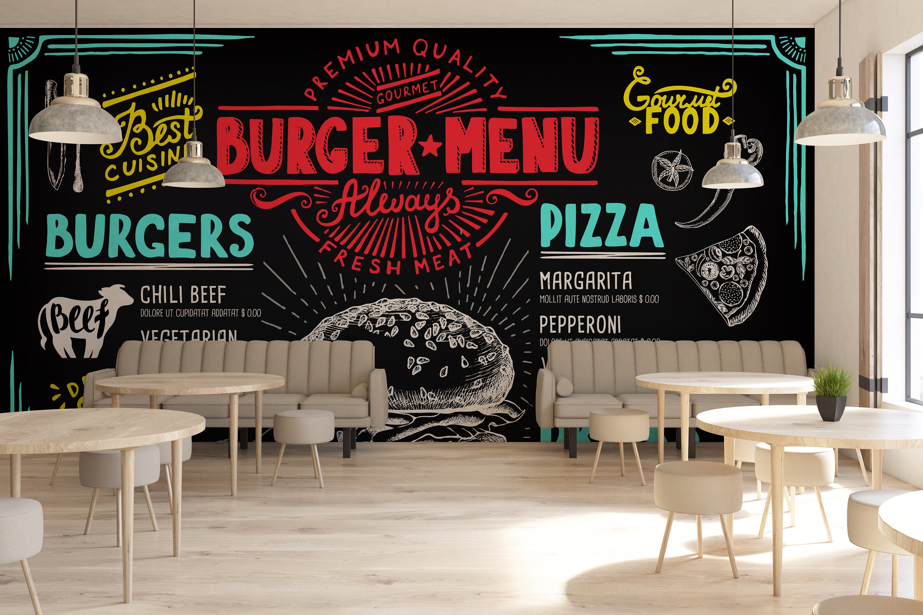 Vivid Burger Menu Wallpaper Peel and Stick Cafe Wallpaper - Etsy