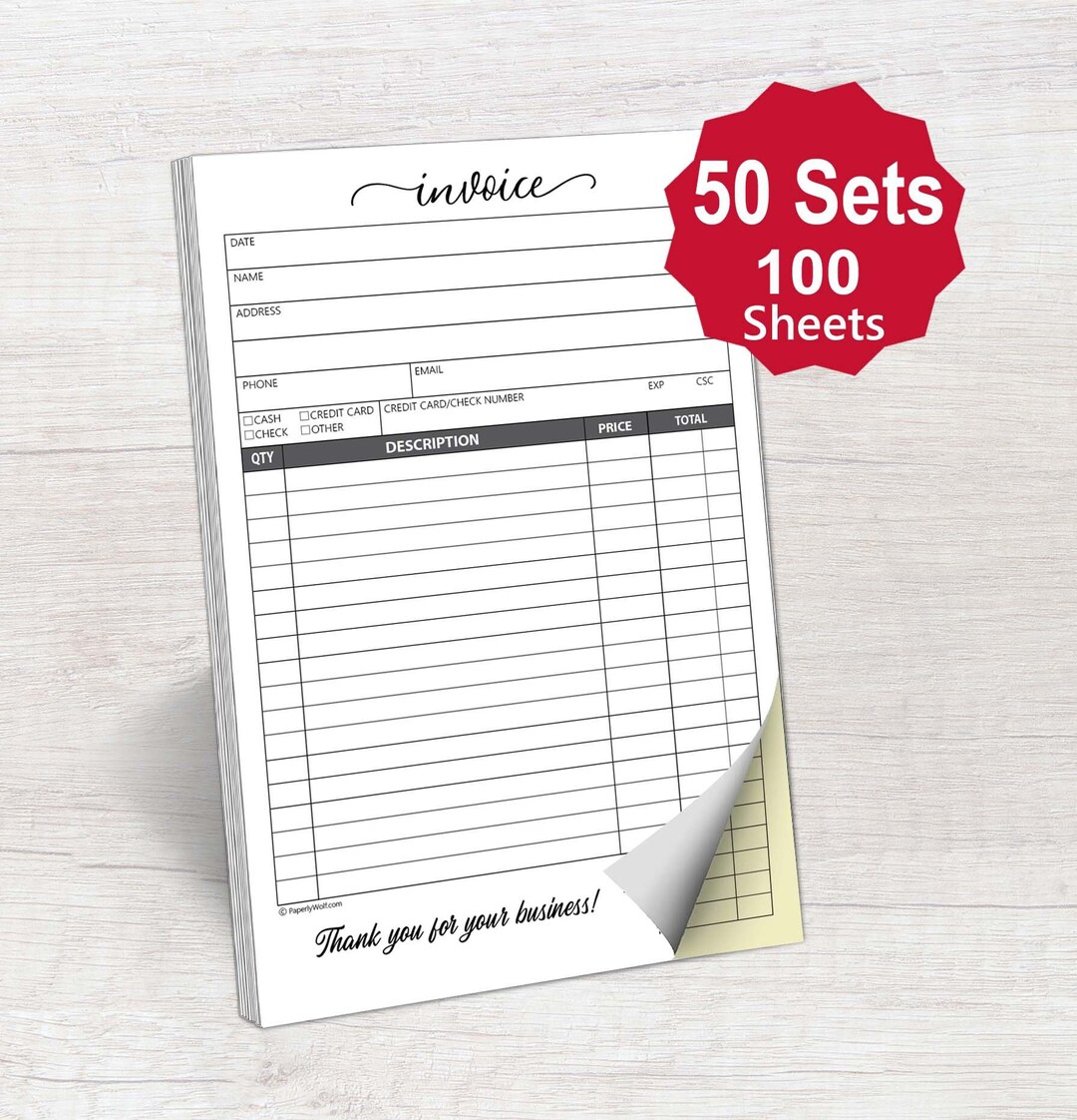 Invoice Receipts (set of 50) - 5.5" X 8.5" Carbonless 2 Part White and ...