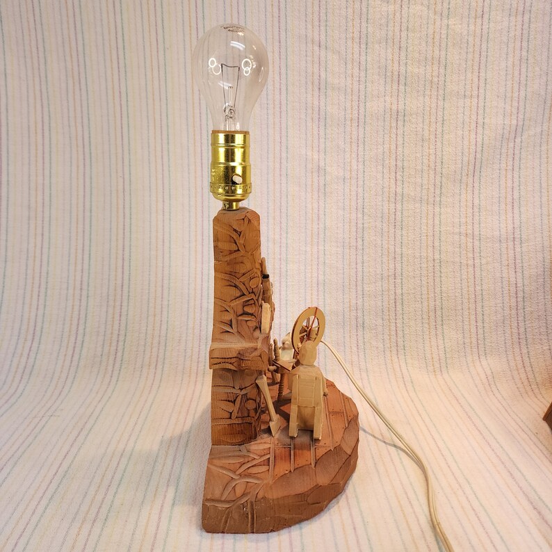 Vintage Working 1980s Hand-carved Wood Lamp Grandma Spinning - Etsy