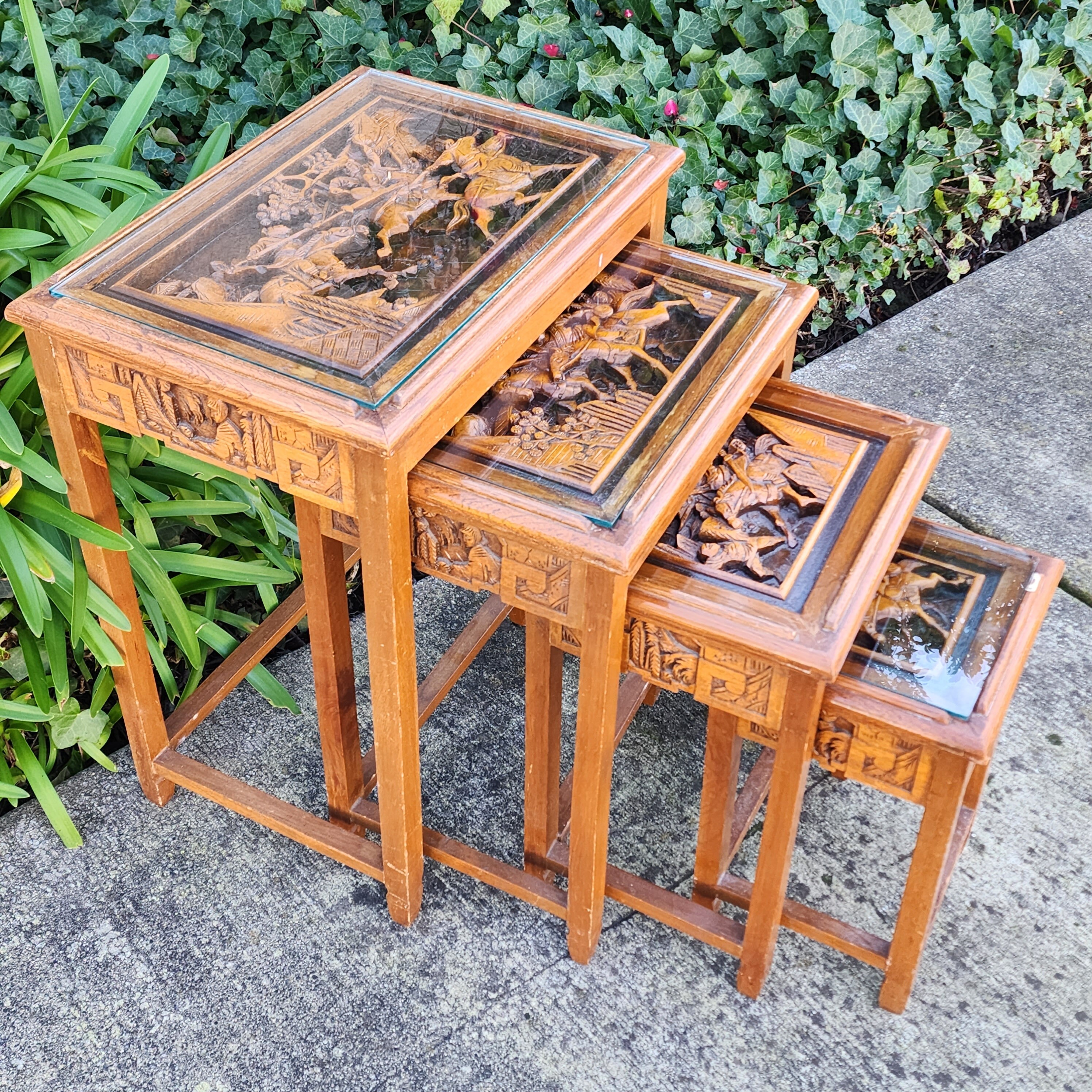 Midcentury Vintage Lightweight Wood Carved Chinese 4pc Nesting End Side Plant Tables Glass Tops Asian Decor Furniture Etsy