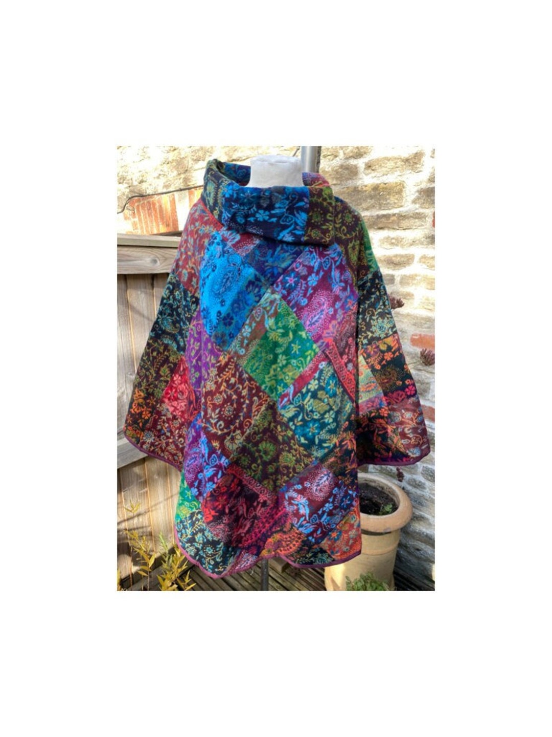 Beautiful Handmade Patchwork Poncho With Collar. Soft Wool Mix. Cosy ...