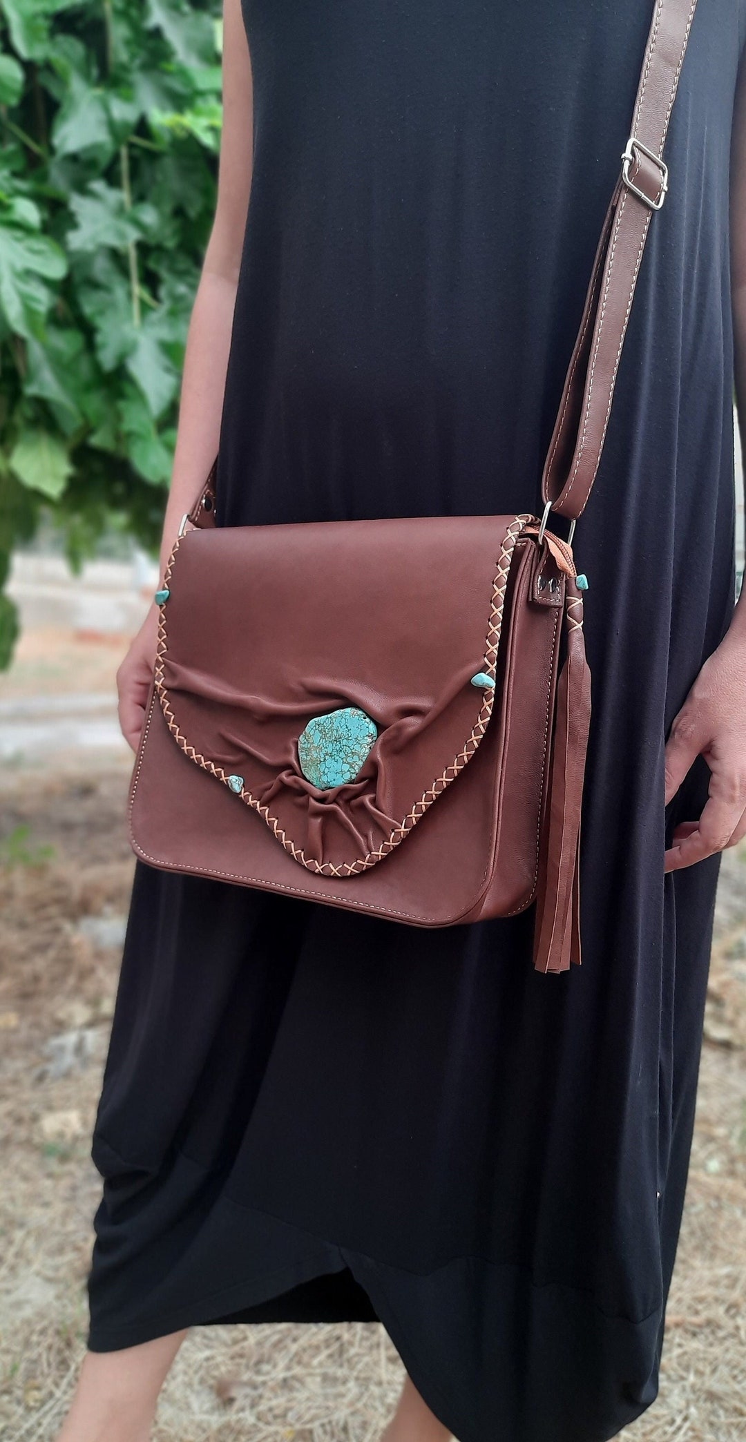 Handmade Brown Leather Purse: Turquoise Howlite Gemstone, Knitted ...