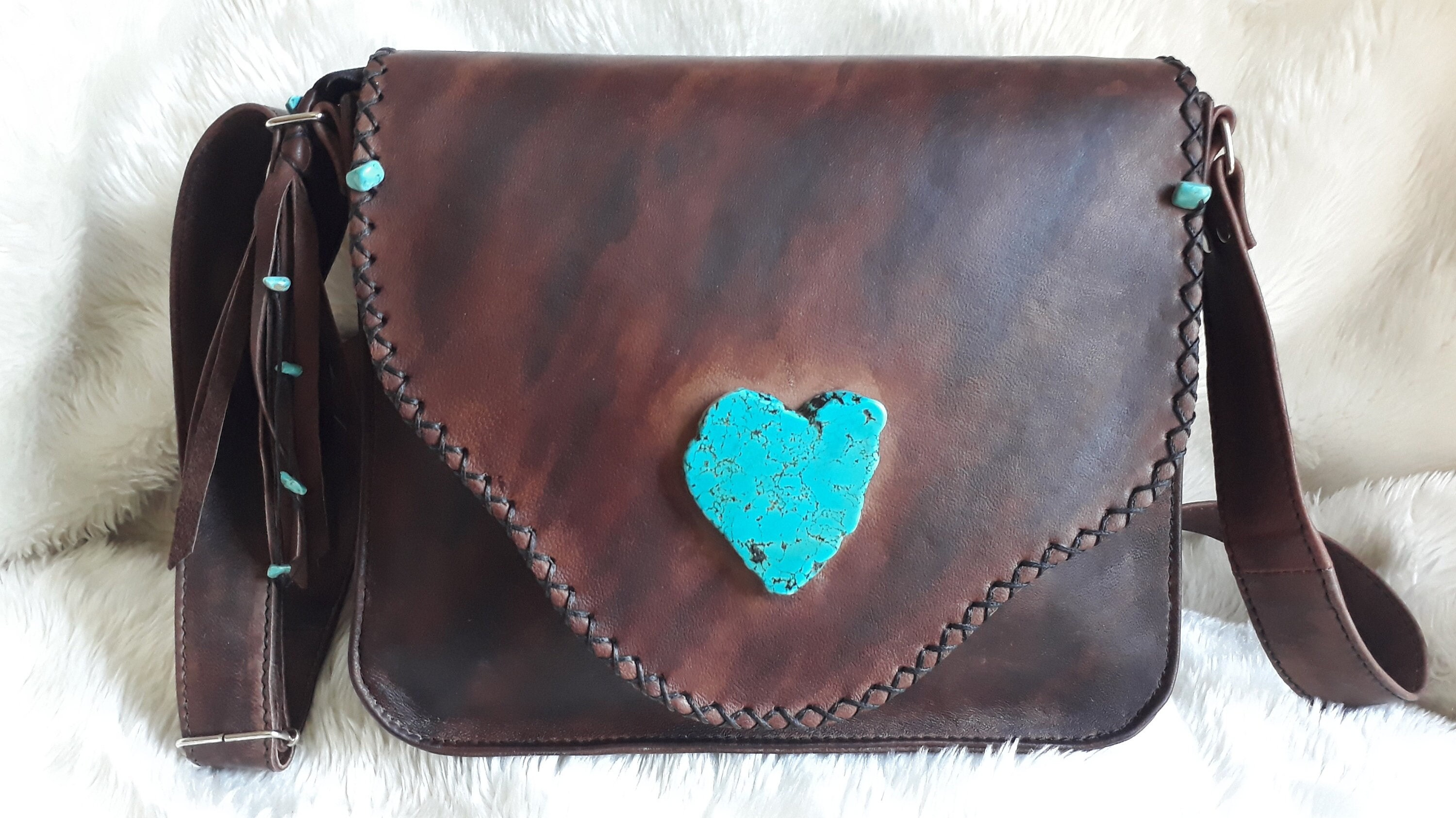 Bespoke Full Grain Leather Handbag With Turquoise Howlite Stone ...