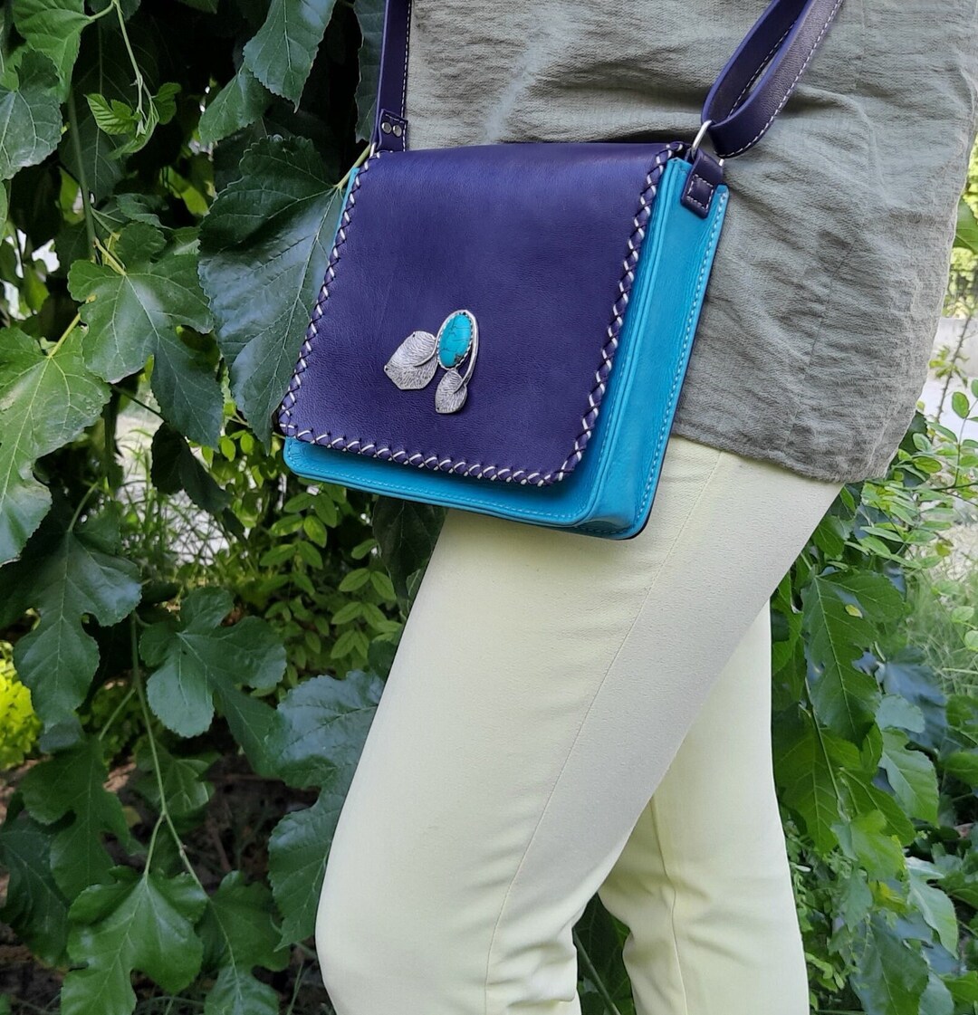 Purple and Turquoise Small Size Leather Handbag, Turquoise Howlite ...