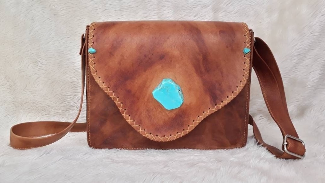 One of a Kind Soft Leather Bag With Gemstone, Handmade Crossbody Unique ...