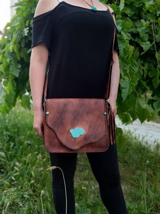 Bespoke Full Grain Leather Handbag With Turquoise Howlite Stone ...