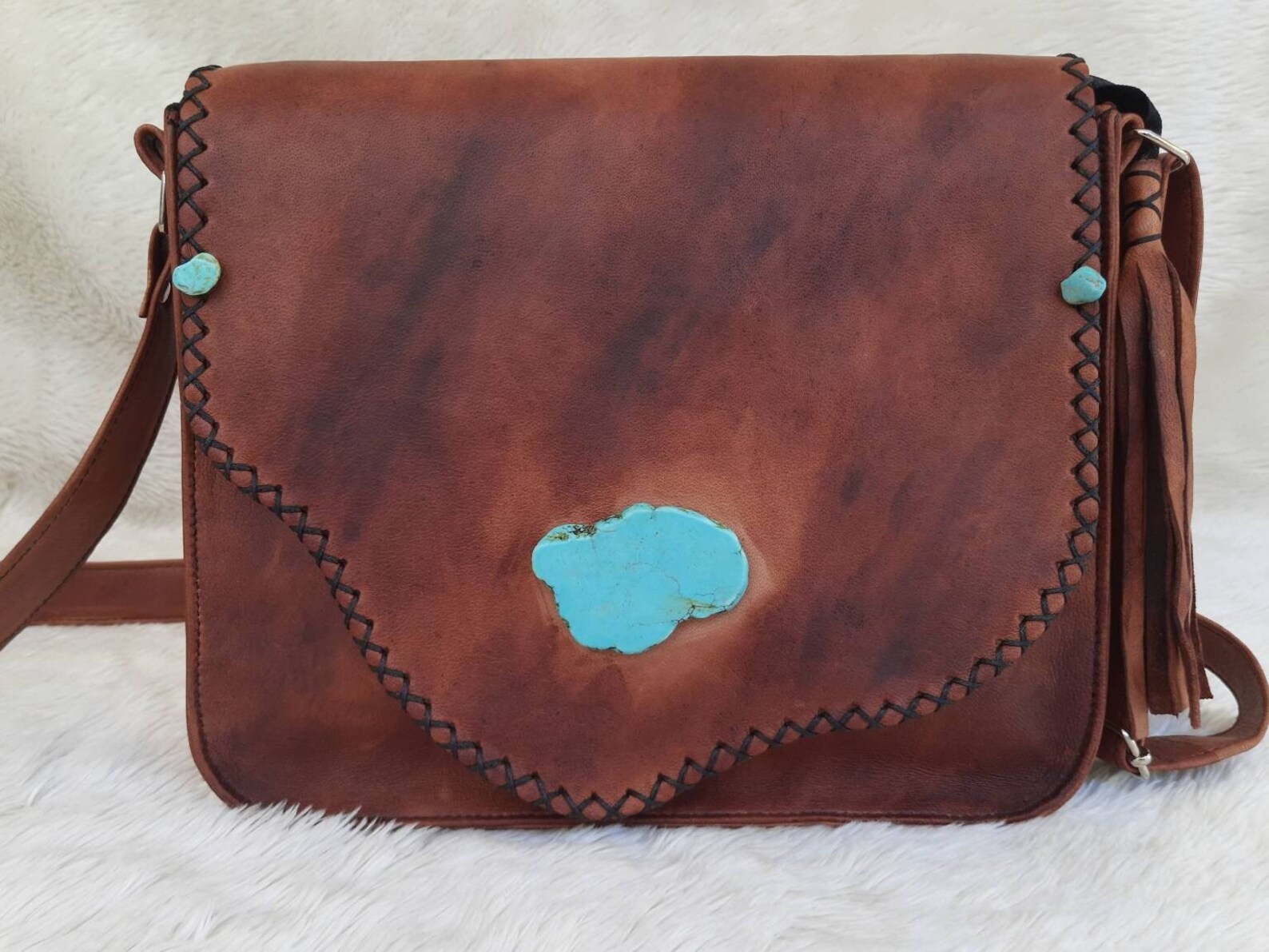 Bespoke Full Grain Leather Handbag With Turquoise Howlite Stone ...
