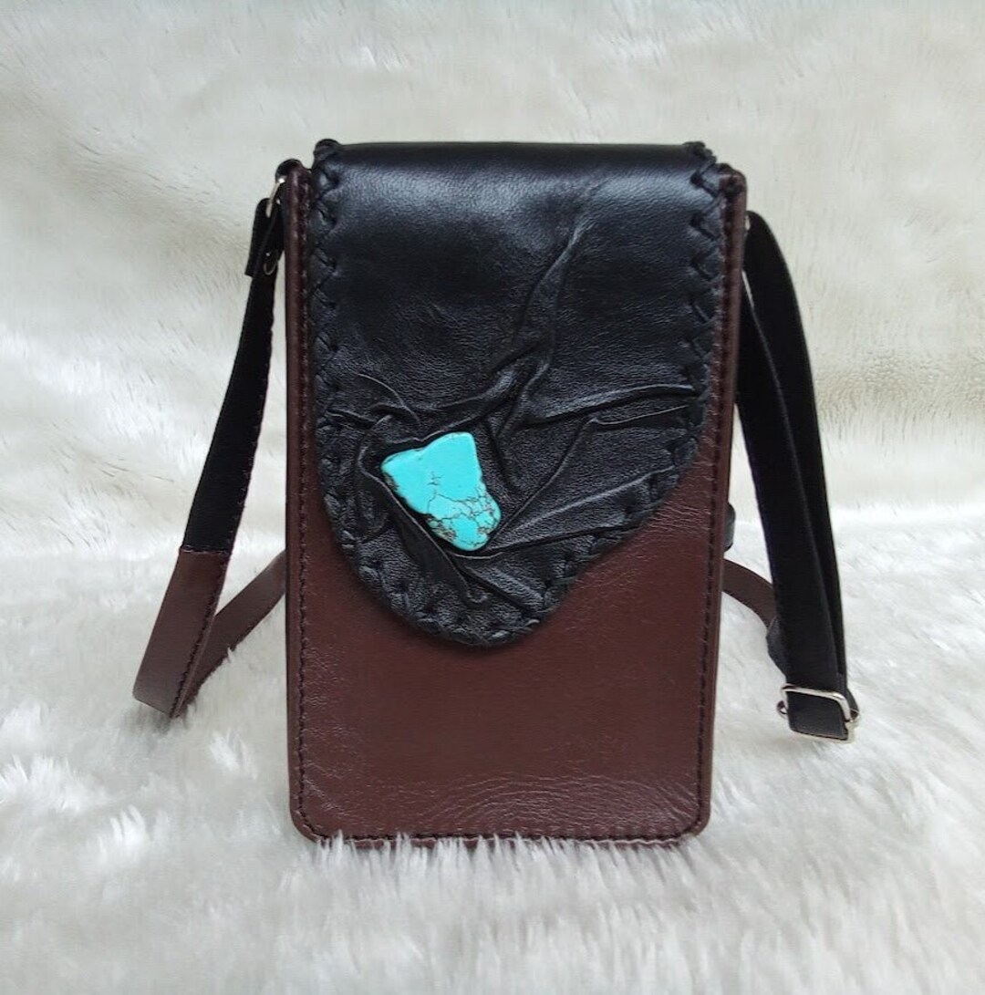 Turquoise Stone Leather Bag, Black and Brown Leather Cellphone Bag ...