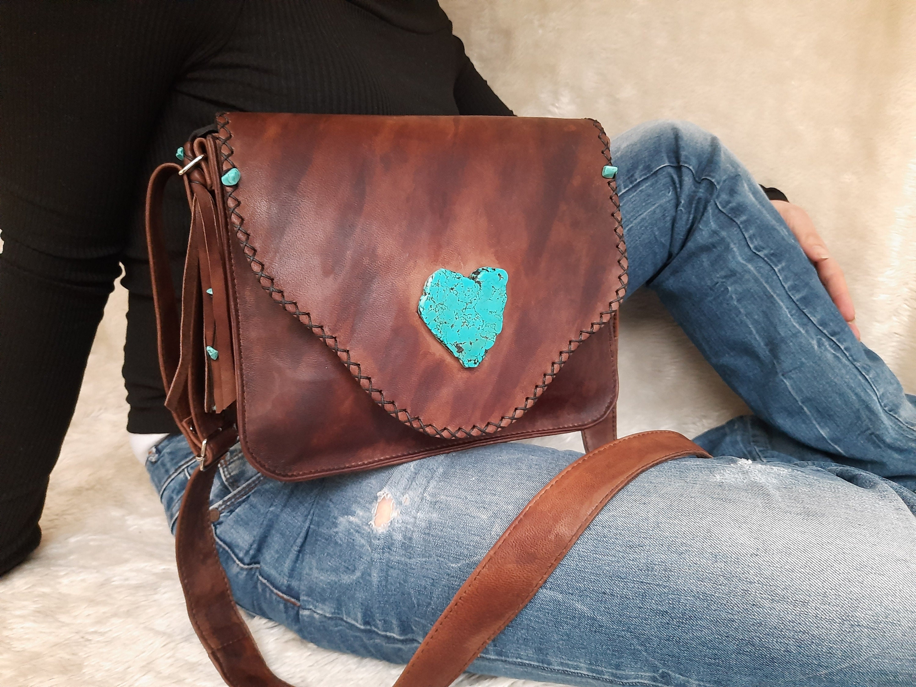 Bespoke Full Grain Leather Handbag With Turquoise Howlite Stone ...