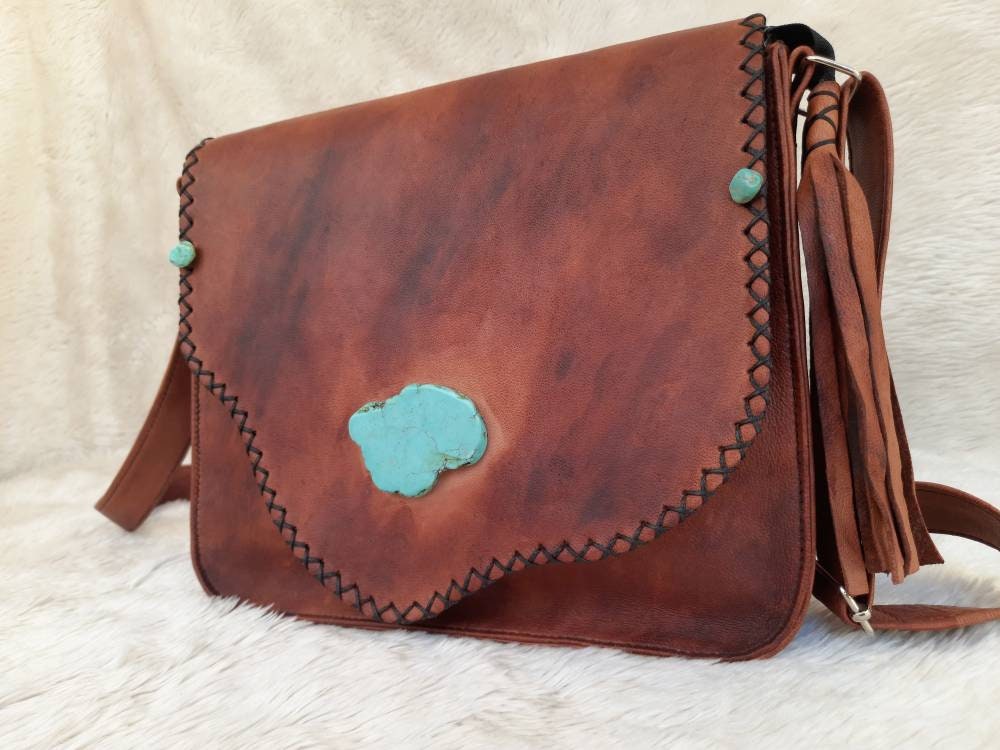 Bespoke Full Grain Leather Handbag With Turquoise Stone - Etsy