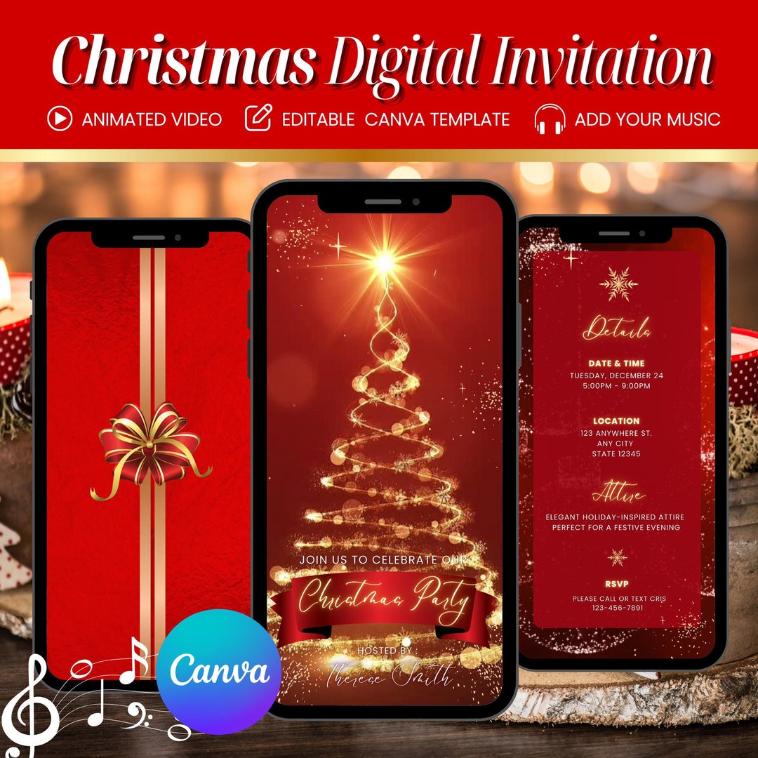 Christmas Party Video Invitation Template, Digital Canva Invite ...