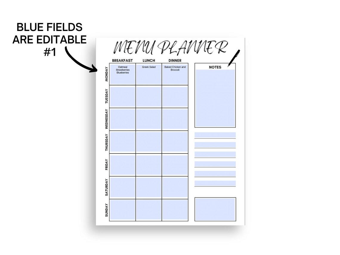 Meal Planner Template, Menu Planner Printable, Editable PDF Menu ...