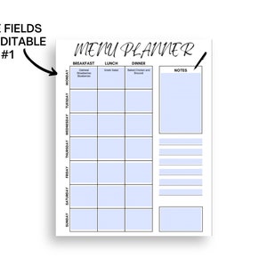 Meal Planner Template, Menu Planner Printable, Editable PDF Menu ...