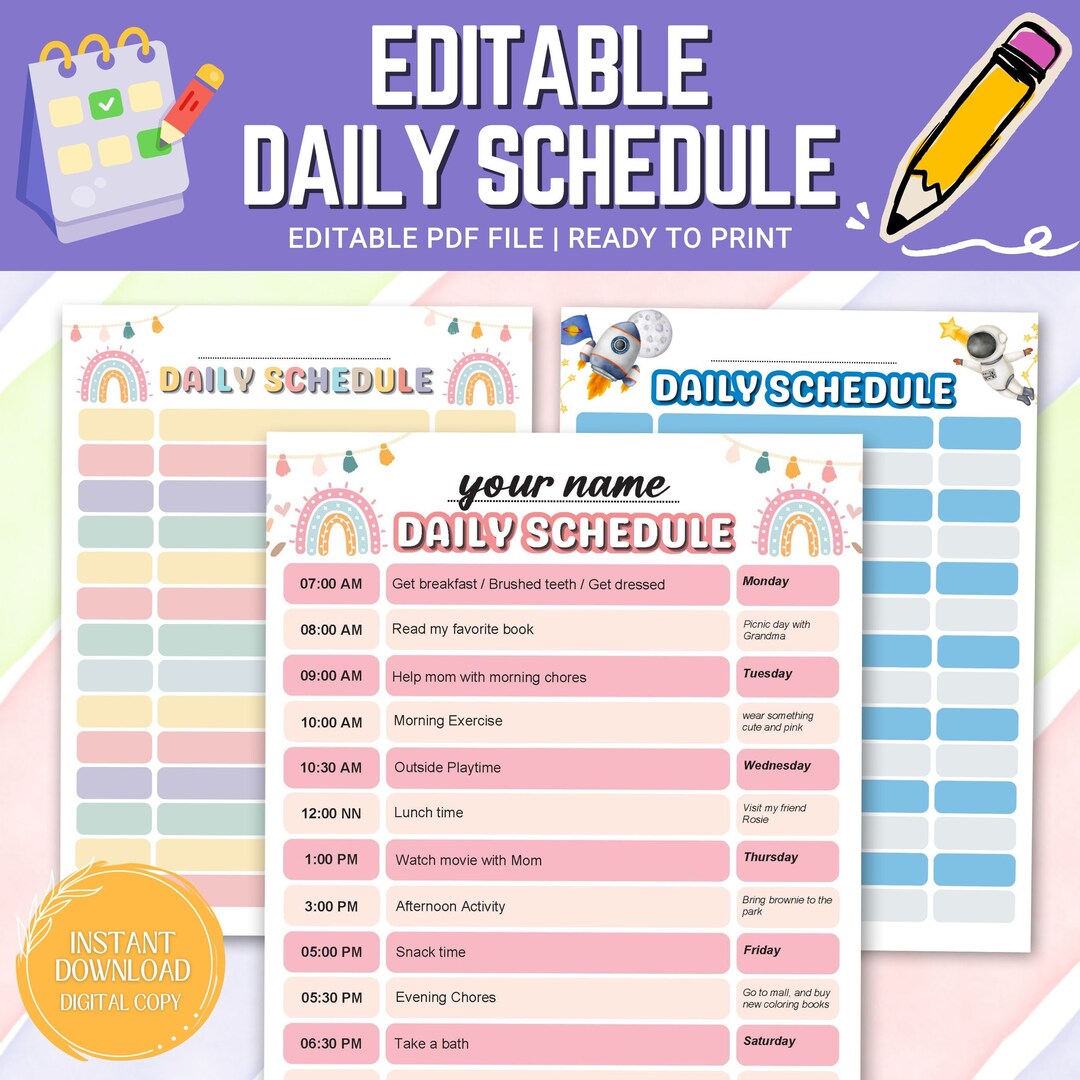 Kids Daily Schedule Template, Daily Routine Template, Editable PDF, PDF ...
