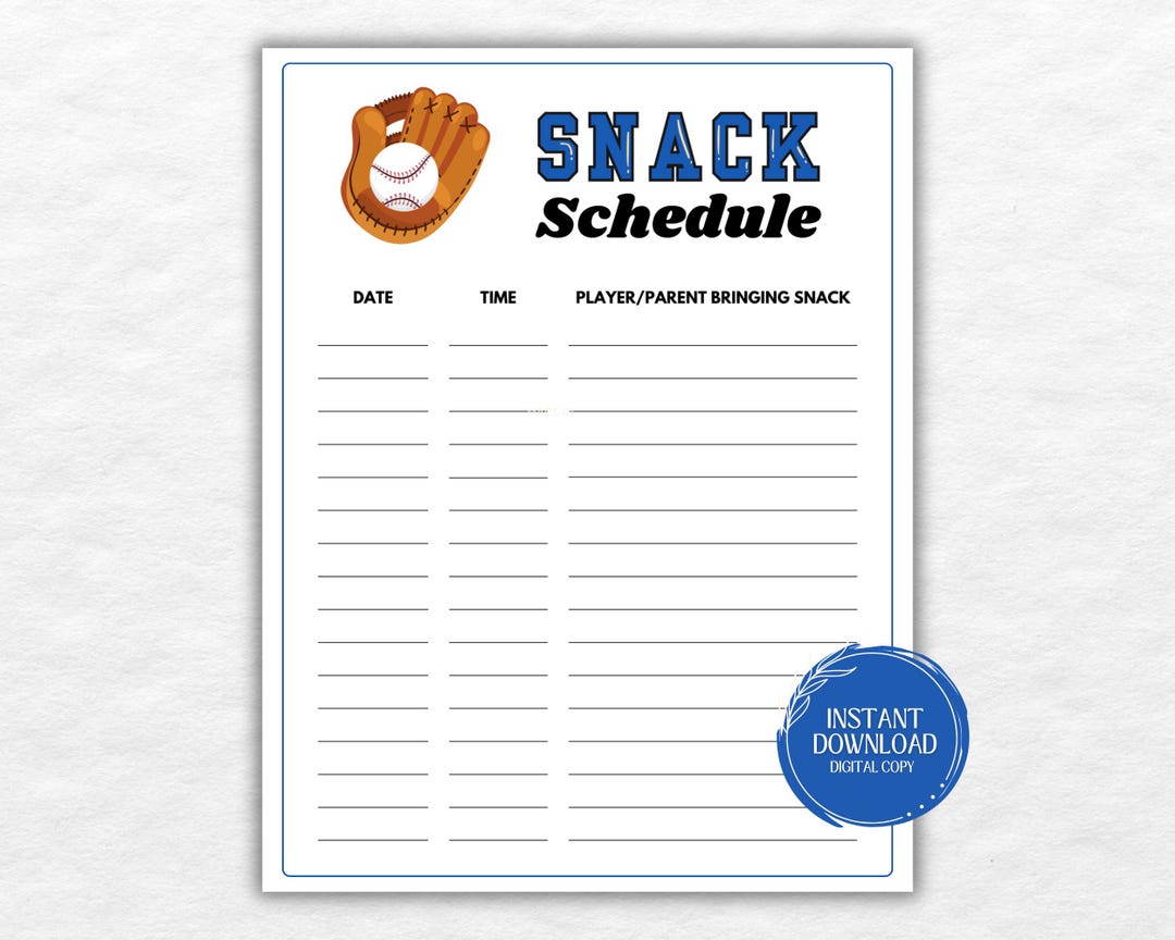 Baseball Snack Schedule Printable, Team Mom Snack Sign up Sheet, Tball ...