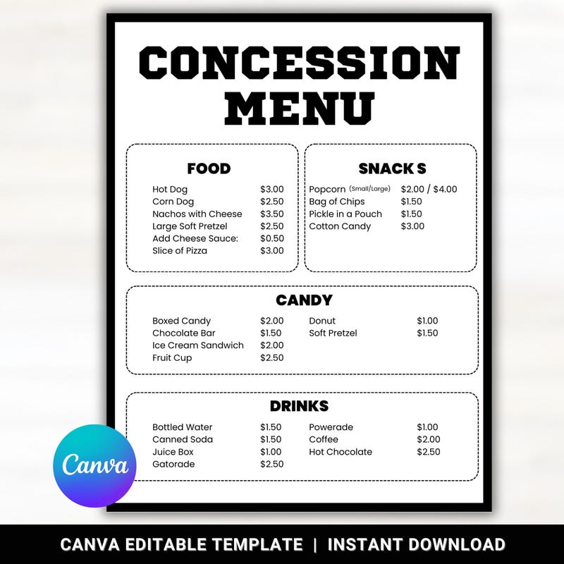 Concession Price List Template - Etsy