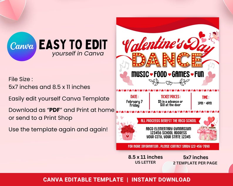 Valentine's Day Party Flyer, School Dance Ticket Invitation, Sweetheart ...