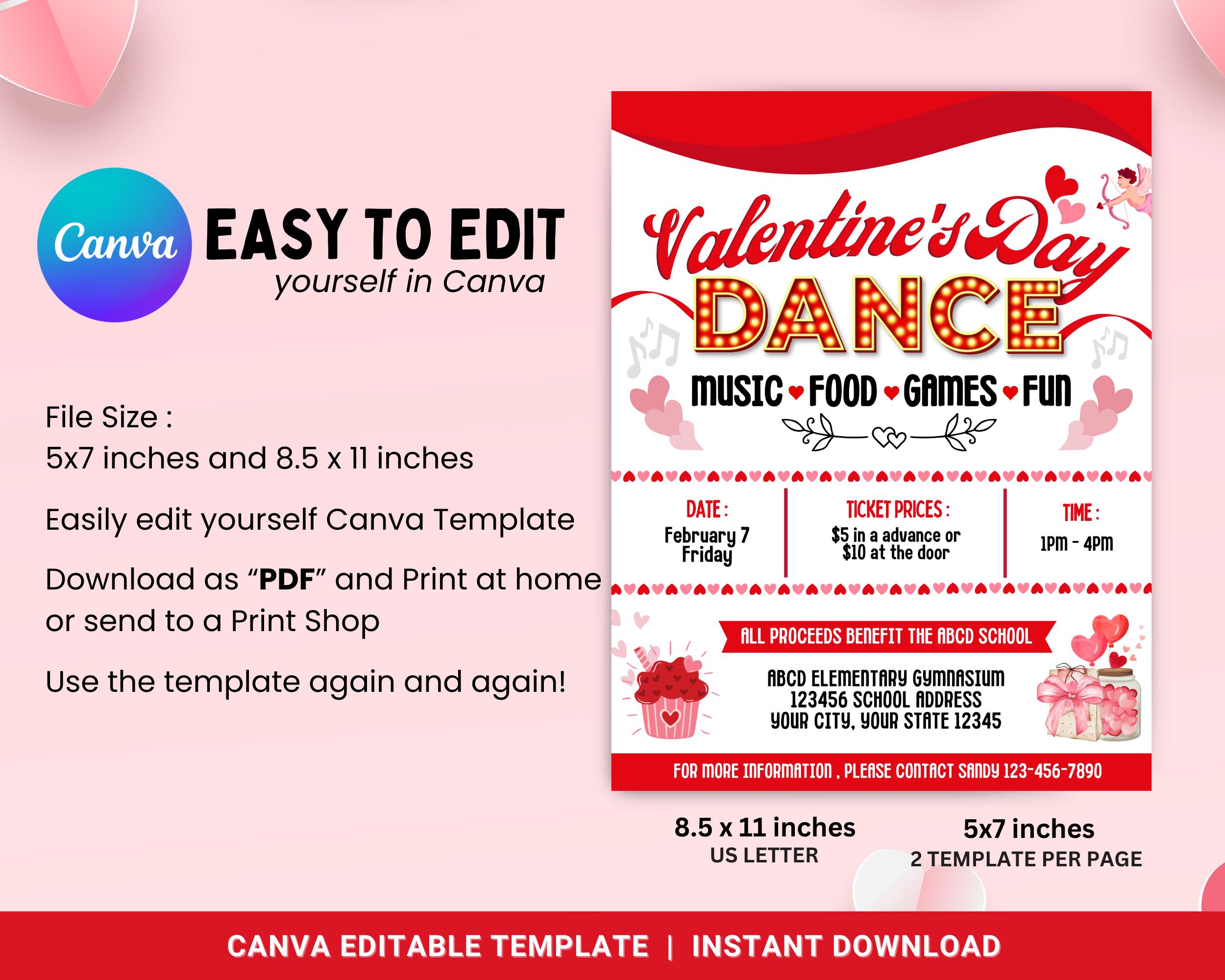 Valentine's Day Party Flyer, School Dance Ticket Invitation, Sweetheart ...
