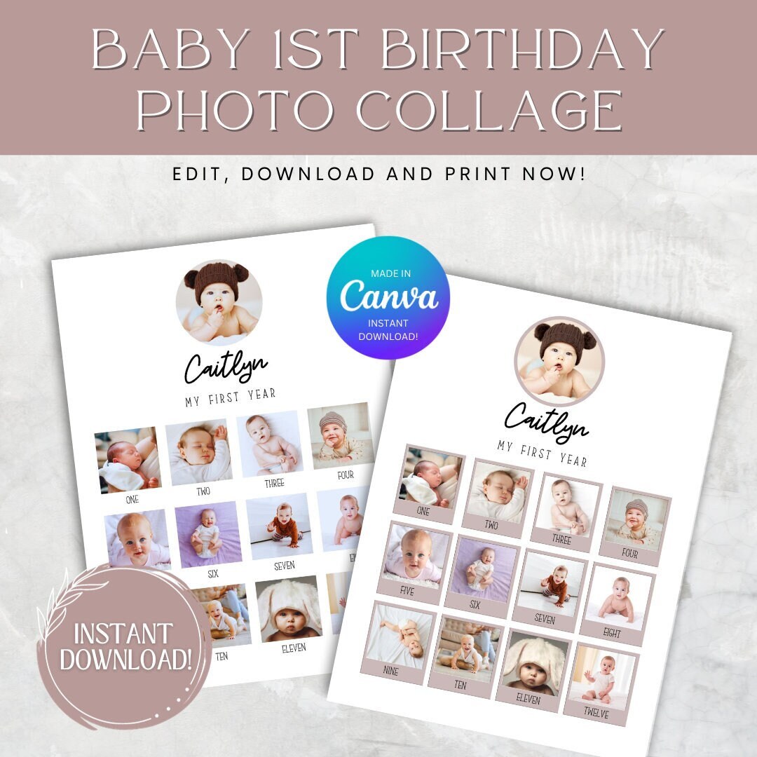 Editable First Year Photo Collage Template, 1st Birthday Photo Collage ...