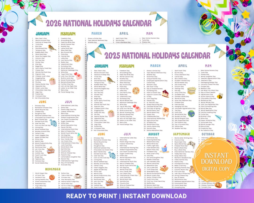 National Days 2025 and 2026 Printable Calendar Bundle, Silly Holidays ...