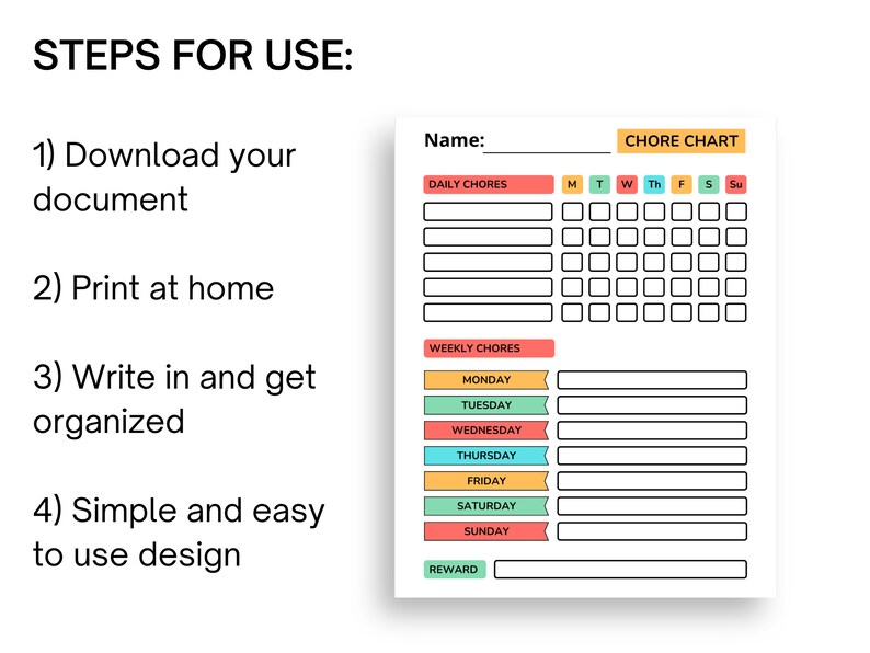 Chore Chart Printable, Chore Chart, Weekly Checklist, Chore Printable ...