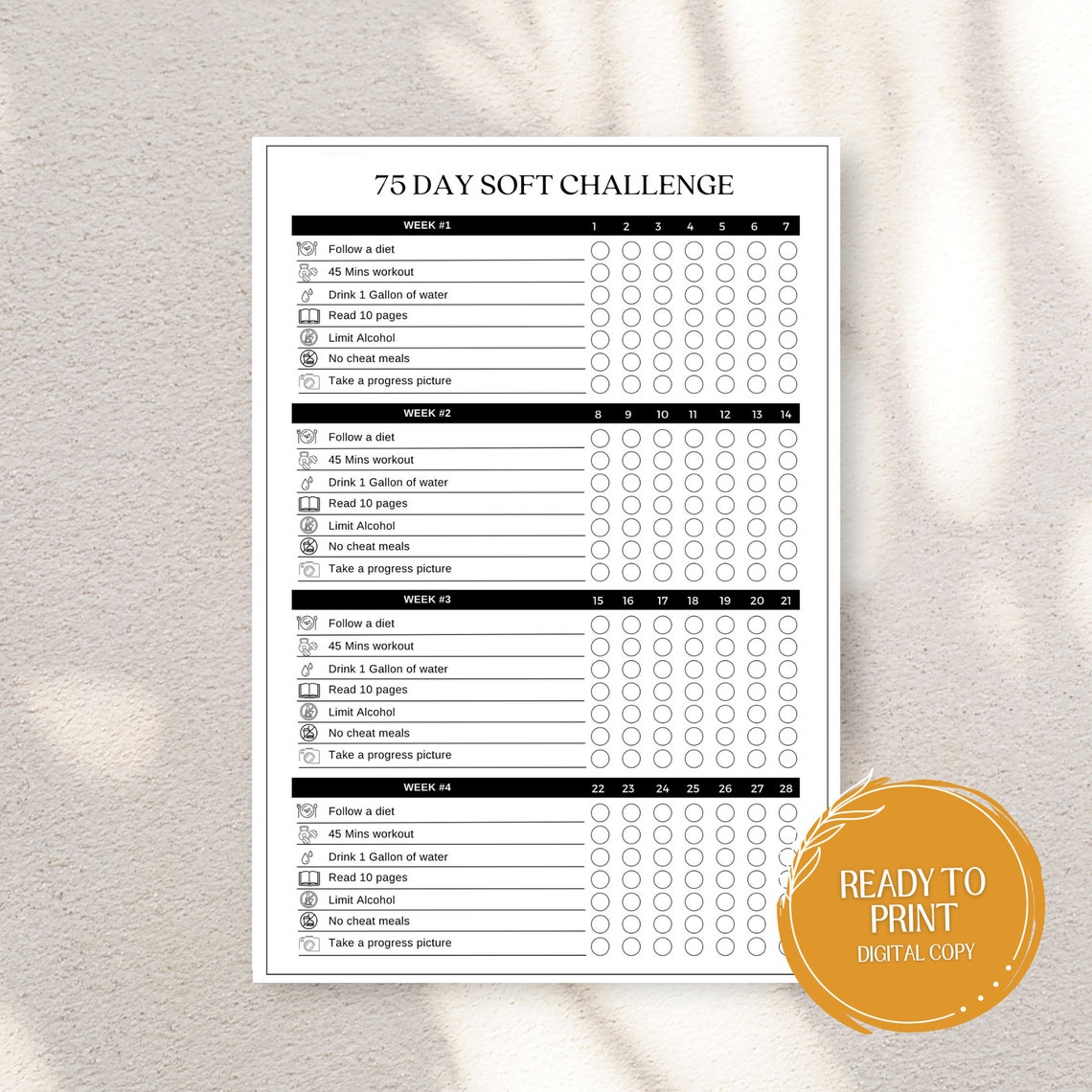 75 Day Challenge Tracker - Printable Habit Tracker - Fitness Goals ...