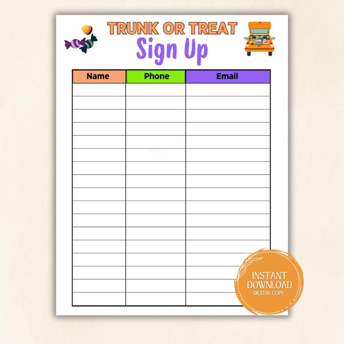 Trunk or Treat Sign-up Sheet, Church Sign-up Sheet, Halloween Sign Up ...