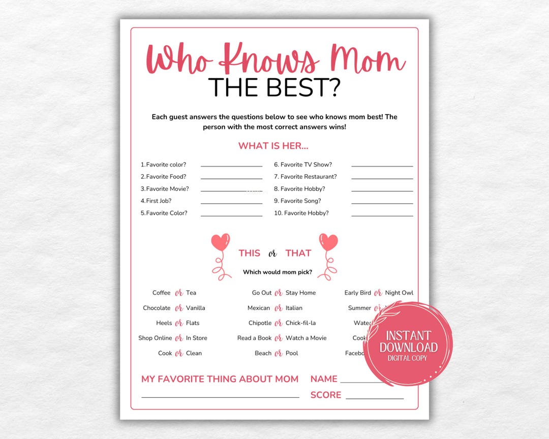 Who Knows the Mom Best Printable, Printable Mother's Day Party Game ...