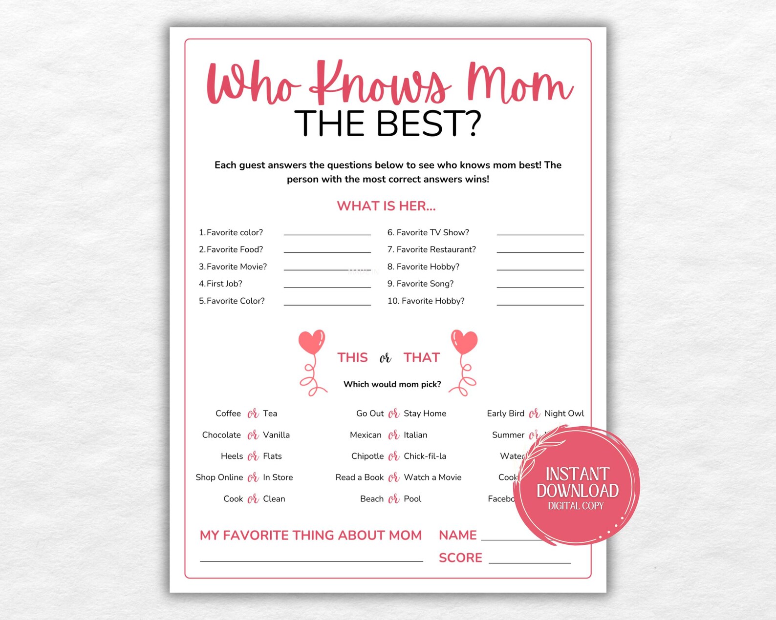 Who Knows the Mom Best Printable, Printable Mother's Day Party Game ...