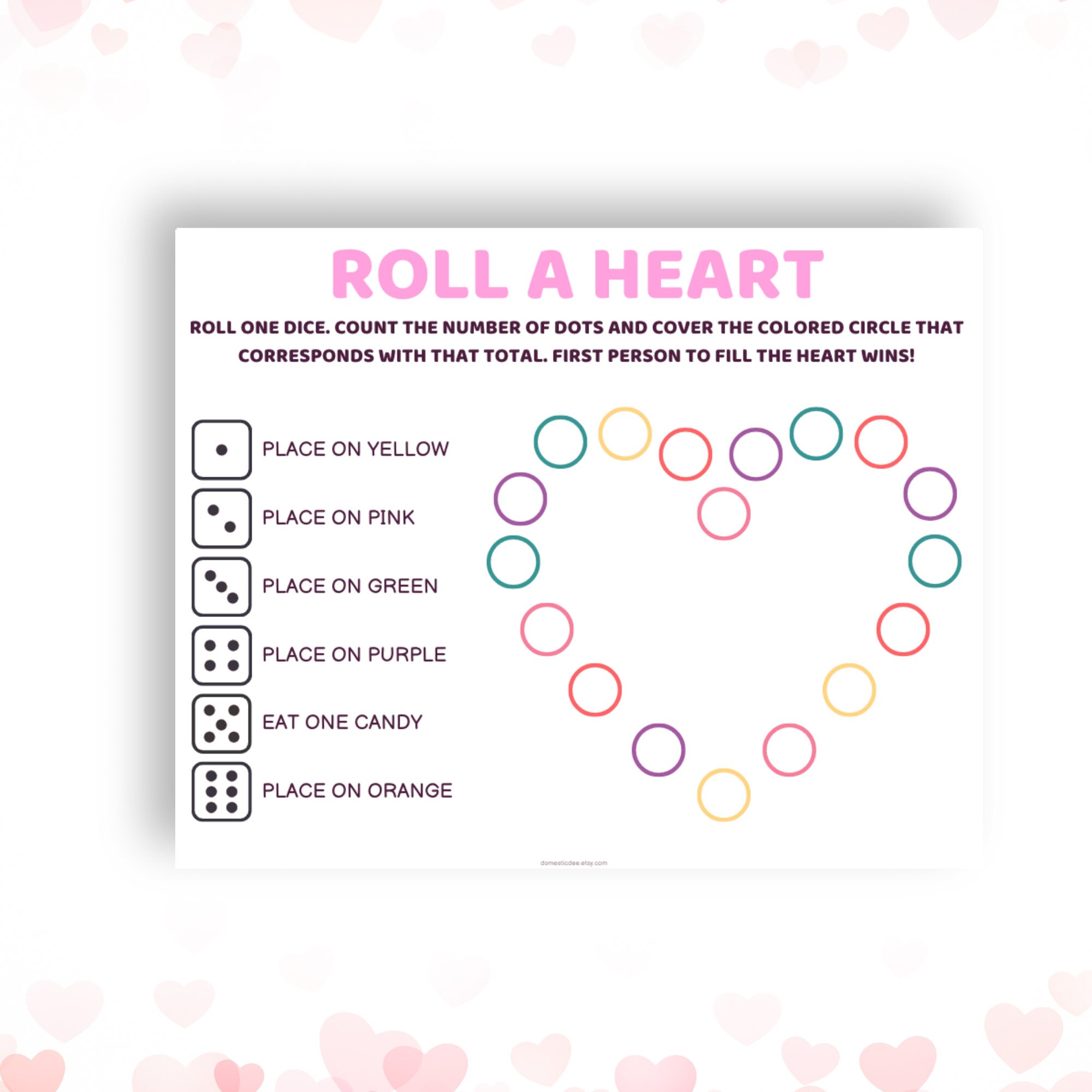 Valentine's Day Game, Roll A Heart Candy Dice Game, Valentine's Day ...
