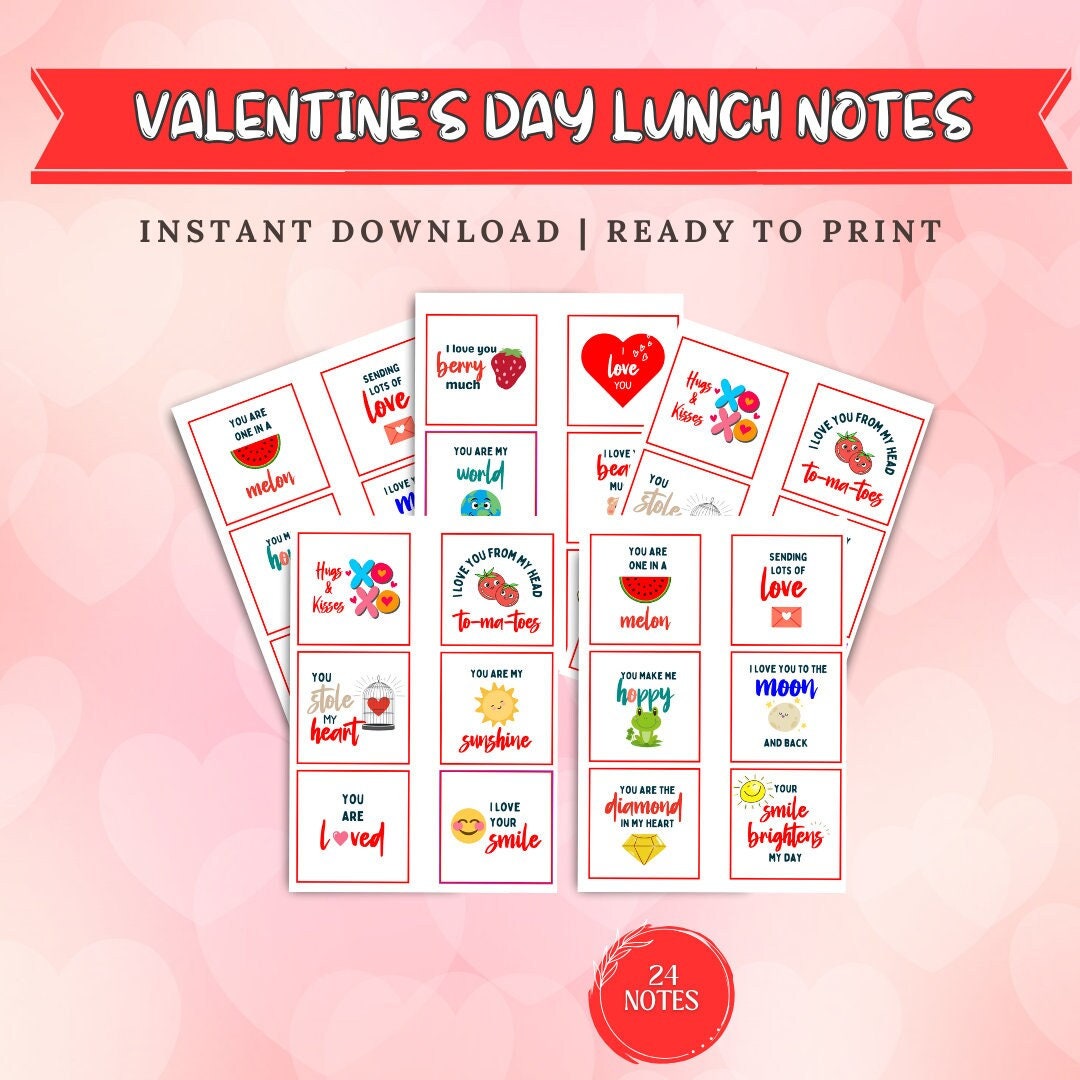 Valentine's Lunch Box Notes Printable, Kids Lunch Notes, School ...