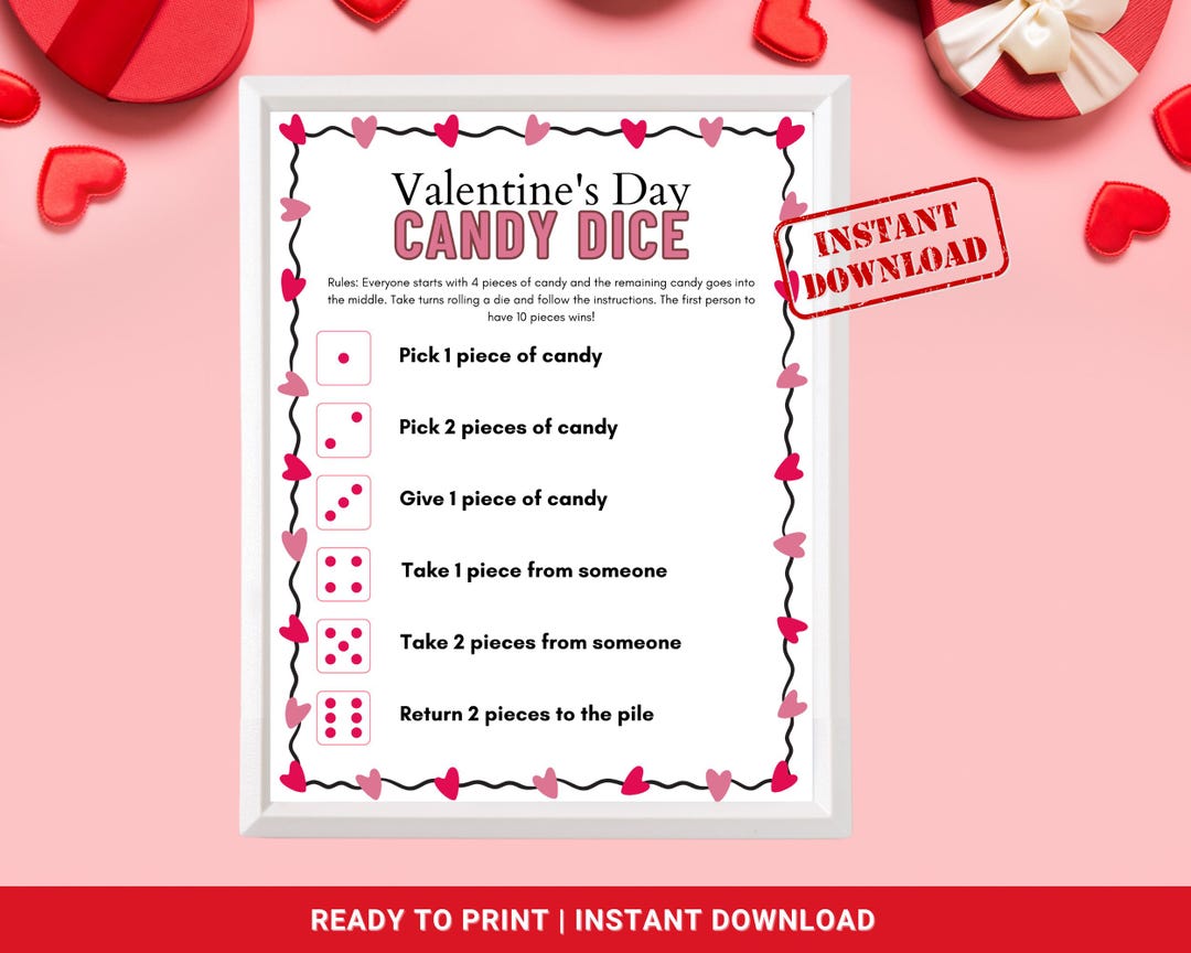 Valentine's Candy Dice Game, Printable Valentine Game, Kids Valentine's ...