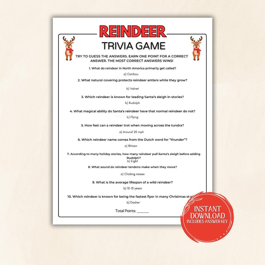 Reindeer Trivia Game, Fun Holiday Games, Christmas Party Games ...