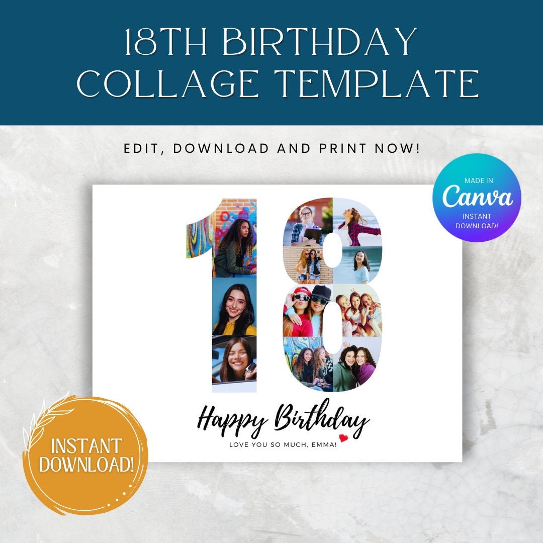 Custom 18th Birthday Photo Collage Template, Personalized 18th Birthday ...