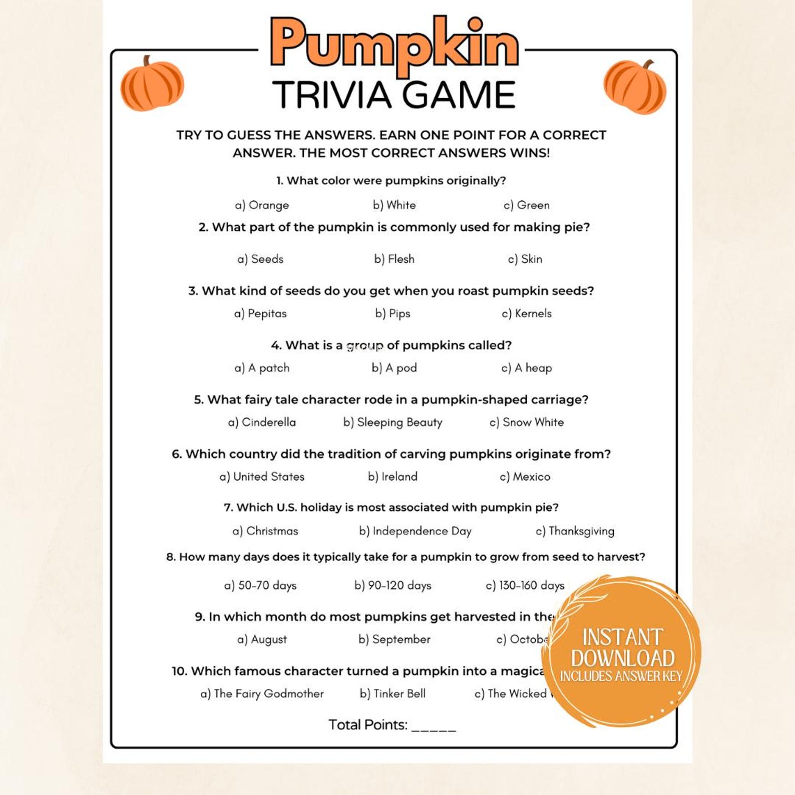 Pumpkin Trivia Game, Printable Pumpkin Trivia, Fall Trivia Game ...