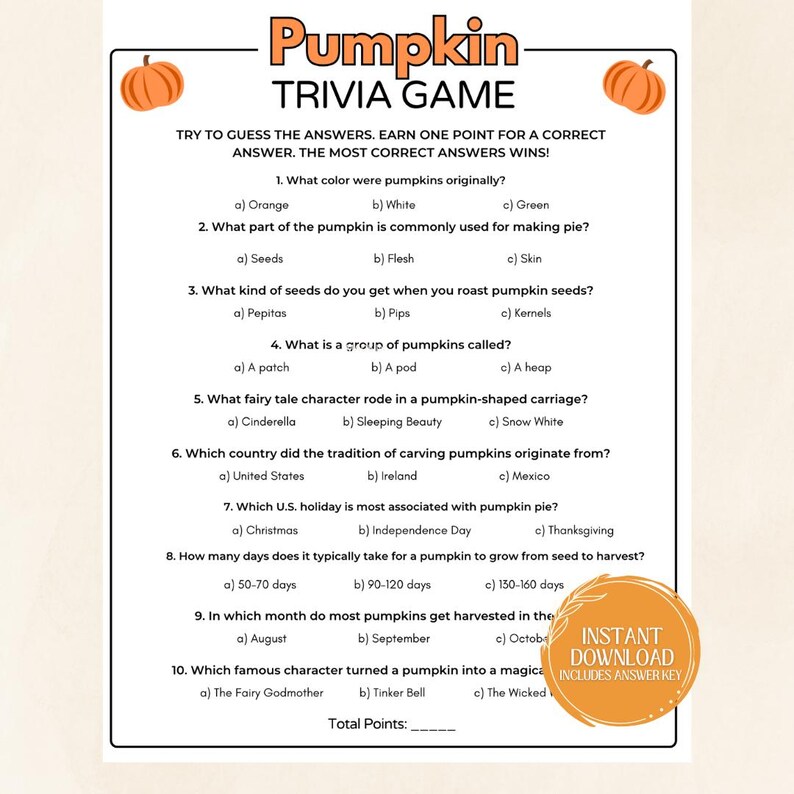 Pumpkin Trivia Game, Printable Pumpkin Trivia, Fall Trivia Game ...
