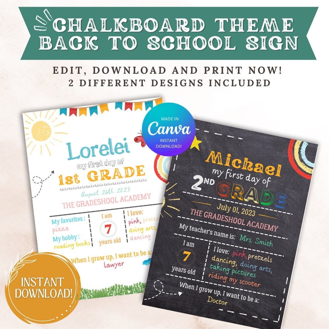 Chalkboard Back to School Sign, First Day or Last Day School, Editable ...
