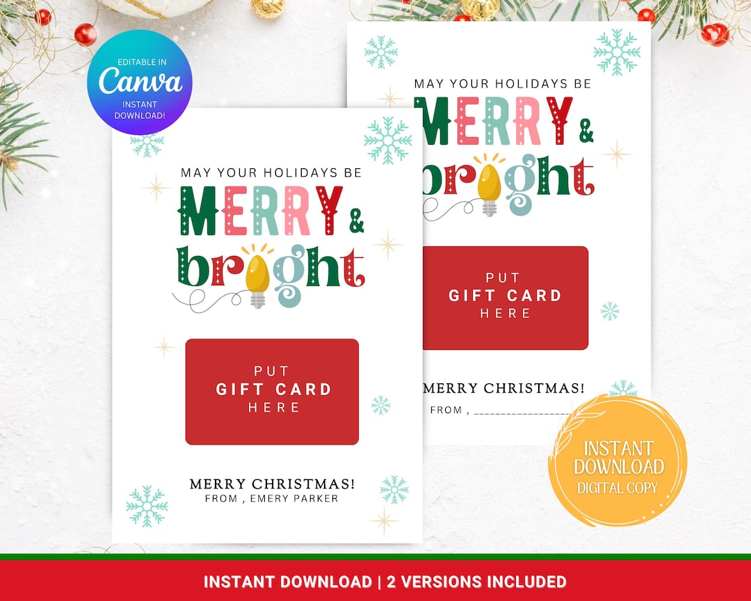 Merry and Bright Christmas Card, Editable Holiday Gift Card Holder ...