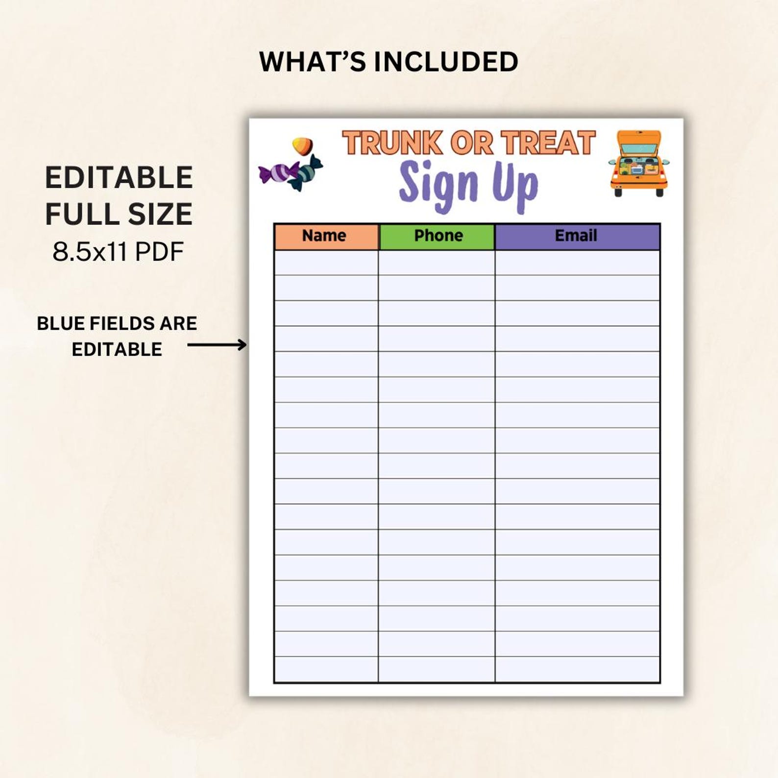 Trunk or Treat Sign-up Sheet, Church Sign-up Sheet, Halloween Sign Up ...