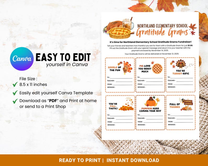 Editable Gratitude Gram, Editable School Thanksgiving Grams Template ...