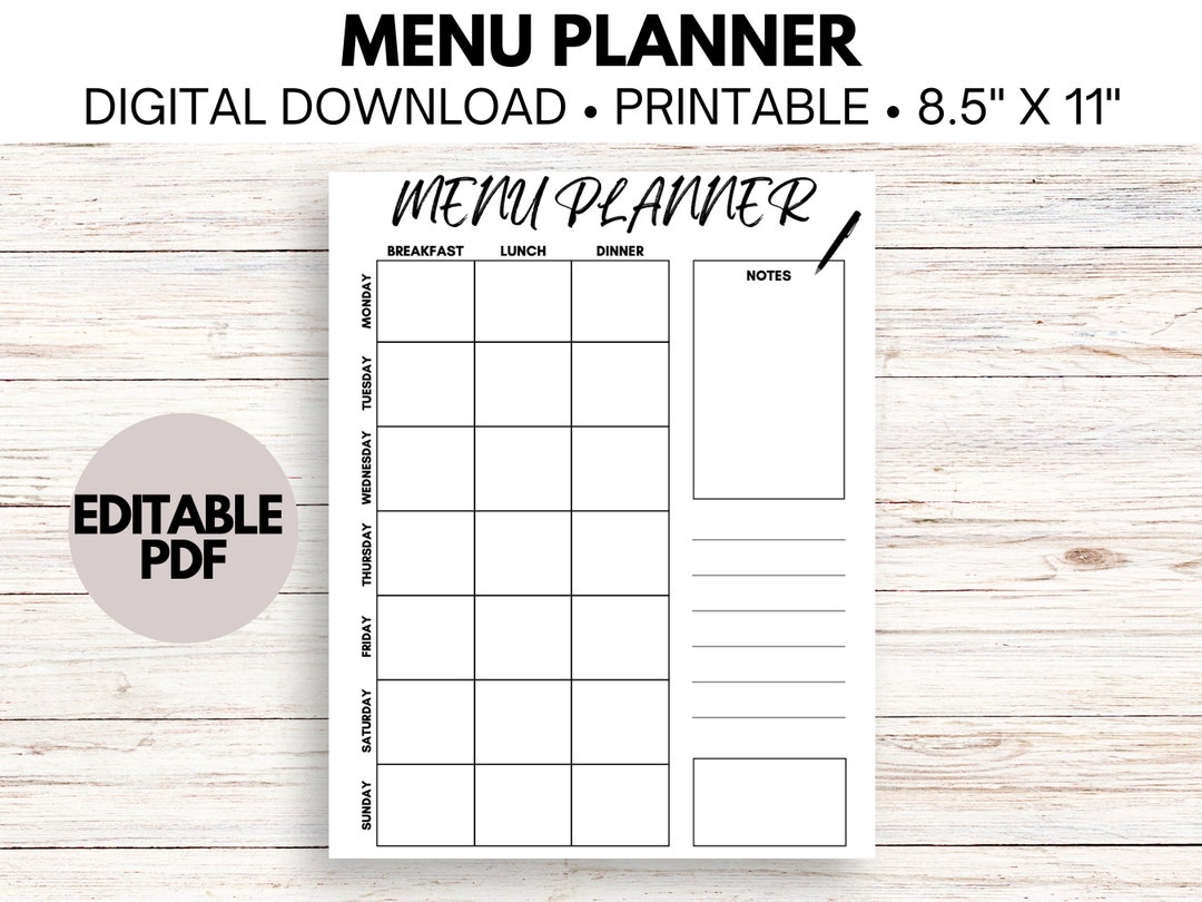 Meal Planner Template Menu Planner Printable Editable PDF - Etsy