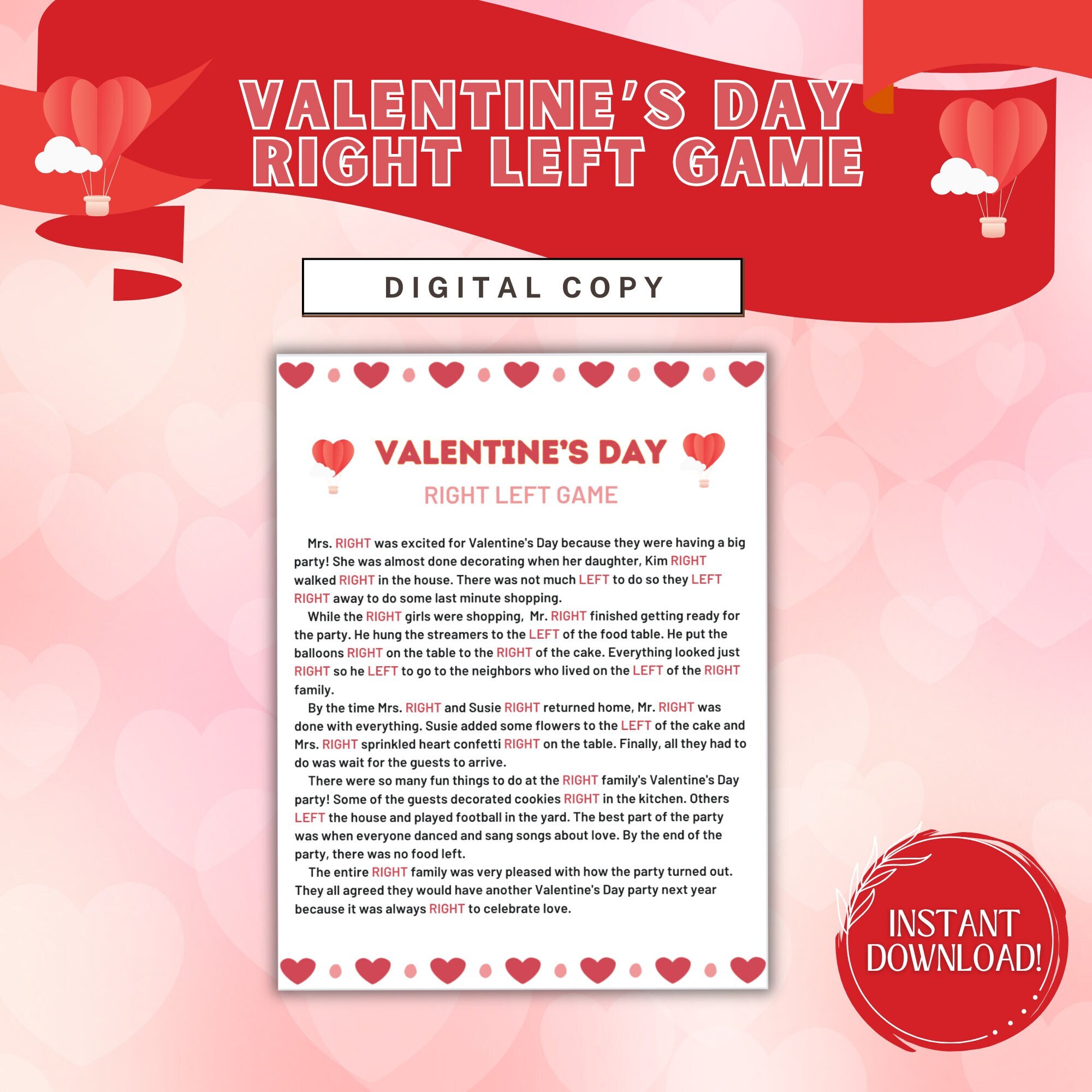 Valentine's Day Right Left Game , Valentine's Day Game, Valentine's Day ...