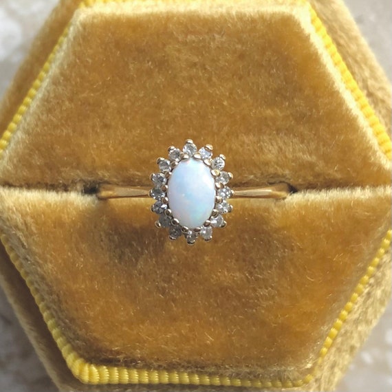 Opal Diamond Halo Oval Yellow Gold Vintage Ring - Gem